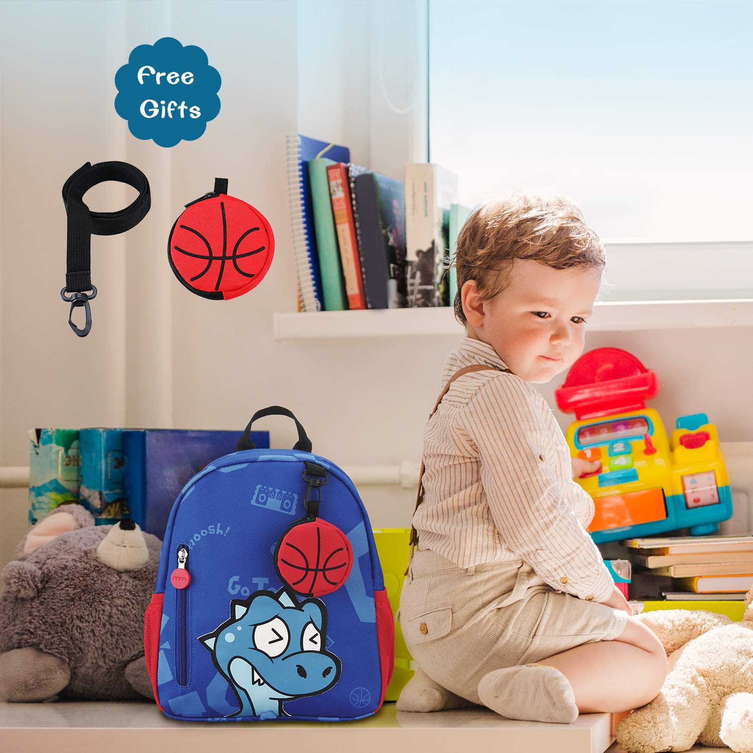 mommore Dinosaur Backpack With Safety Harness Leash Water-resistant, Blue