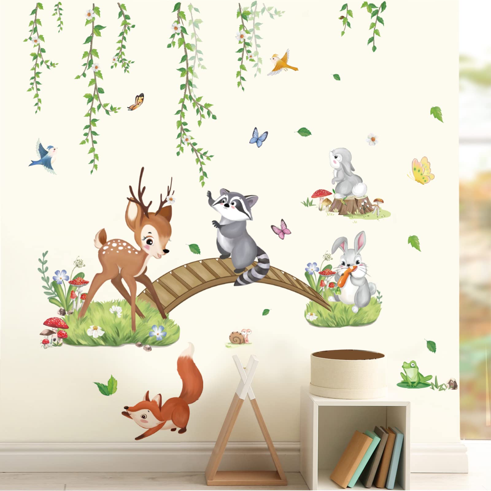 wondever Forest Animals Wall Stickers Deer Rabbit Raccoon on Bridge Peel and Stick Wall Art Decals for Baby Nursery Kids Bedroom