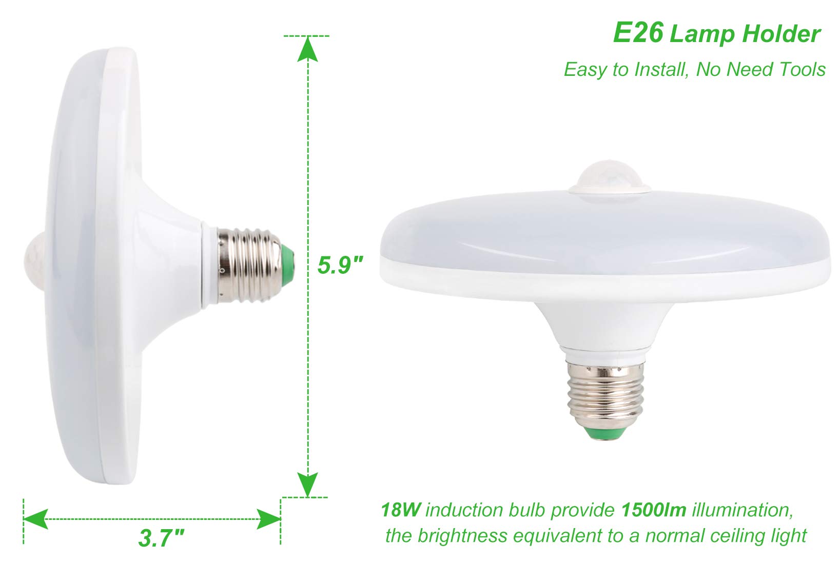 Motion Sensor Light Bulbs, 18W (150W Equivalent) E26 1500LM Motion Detector Dusk to Dawn LED Ceiling Light Bulb Automatic On Off Led Bulb for Garage, Porch, Basement, Hallway, Frontdoor - Cool White
