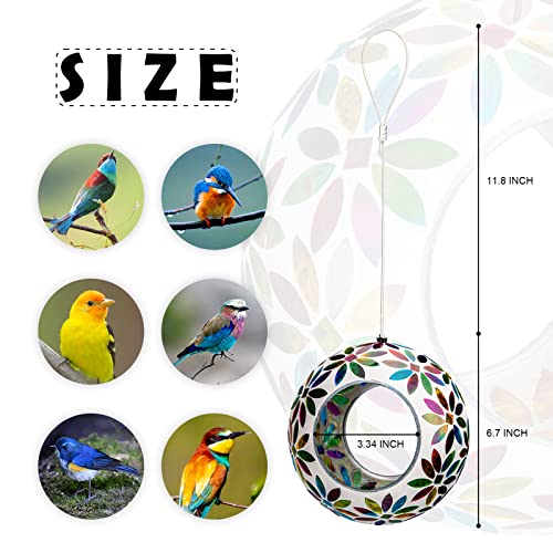 VCUTEKA Bird Feeder for Outside Hanging with Round Shape Glass Container to Attract More Wild Birds, Mosaic Fly Through for Garden, Yard, Backyard, Deck and Porch Decor, 7-Inch