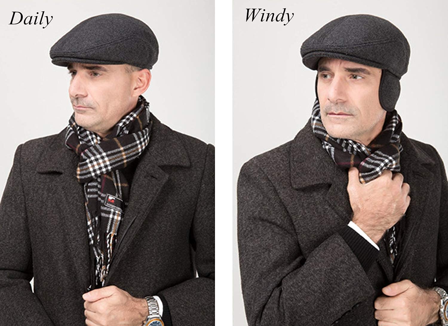 MSFGJZM Men Fall Winter Peaked Flat Cap Newsboy Cap Beret Hat with Adjustable Earmuffs Grey Worsted (M/58cm)