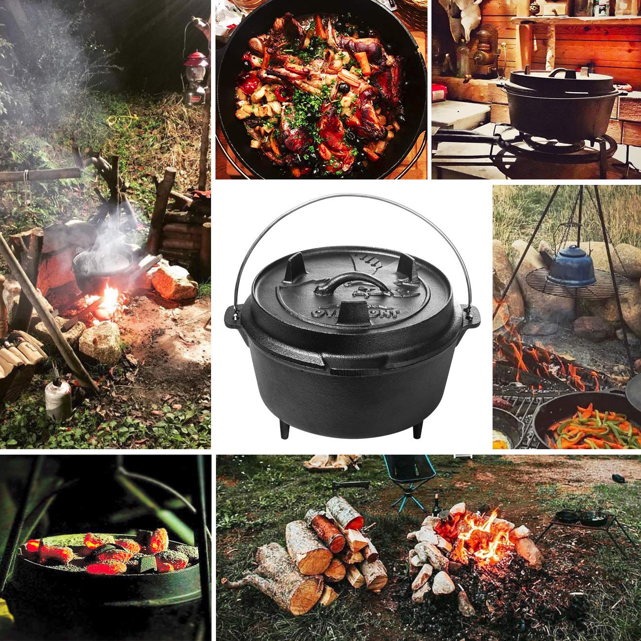 Overmont Camp Dutch Oven Cast Iron Lid Also a Skillet Casserole Pot Pre Seasoned with Lid Lifter Handle for Camping Cooking BBQ Baking (Pot 6Qt+ Skillet)