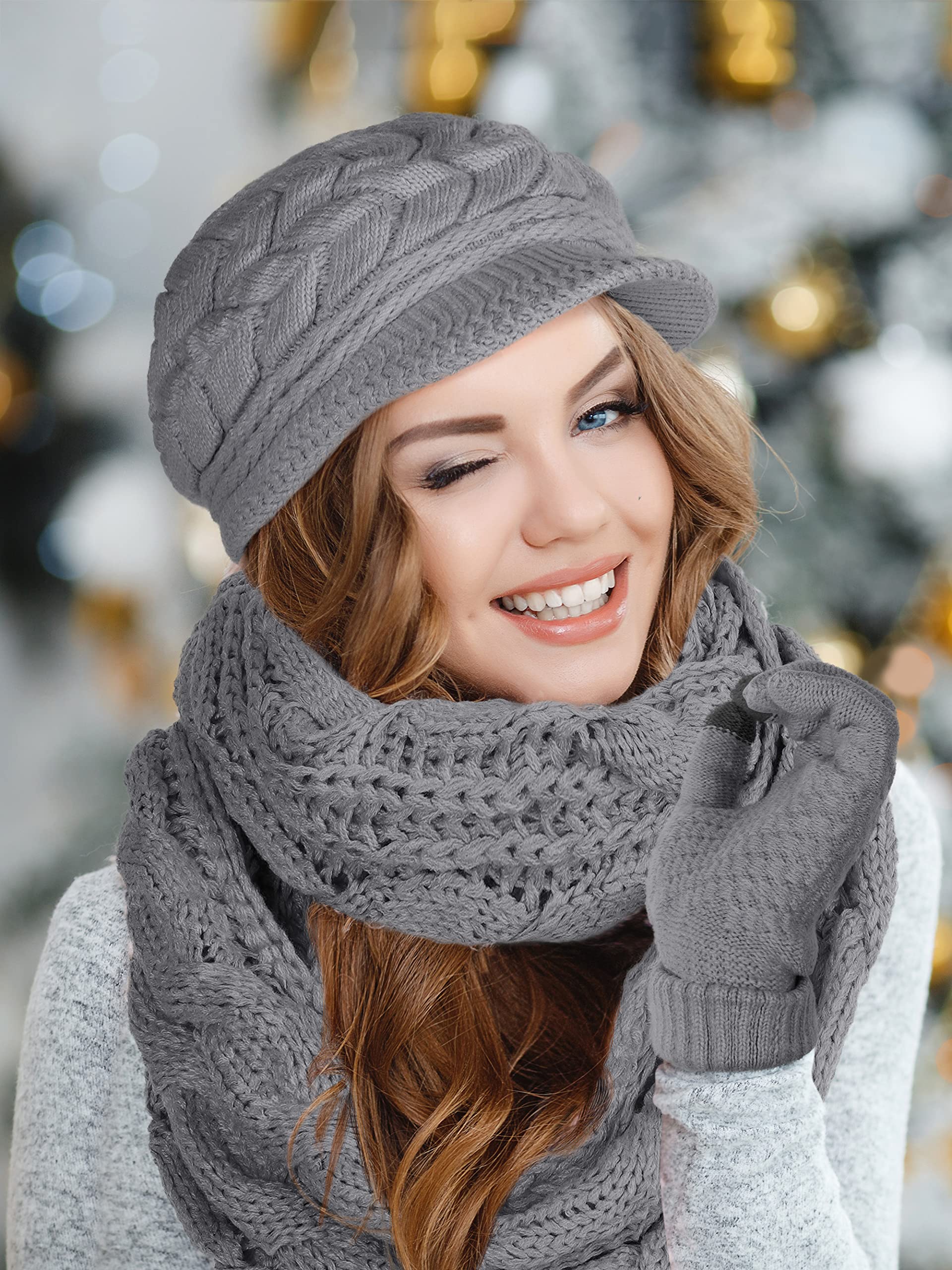 URATOT 3 Pieces Women Winter Hat Scarf Glove Set Warm Skull Beanie Hat with Visor Knitted Touch Screen Glove Scarf 3 In 1 Set