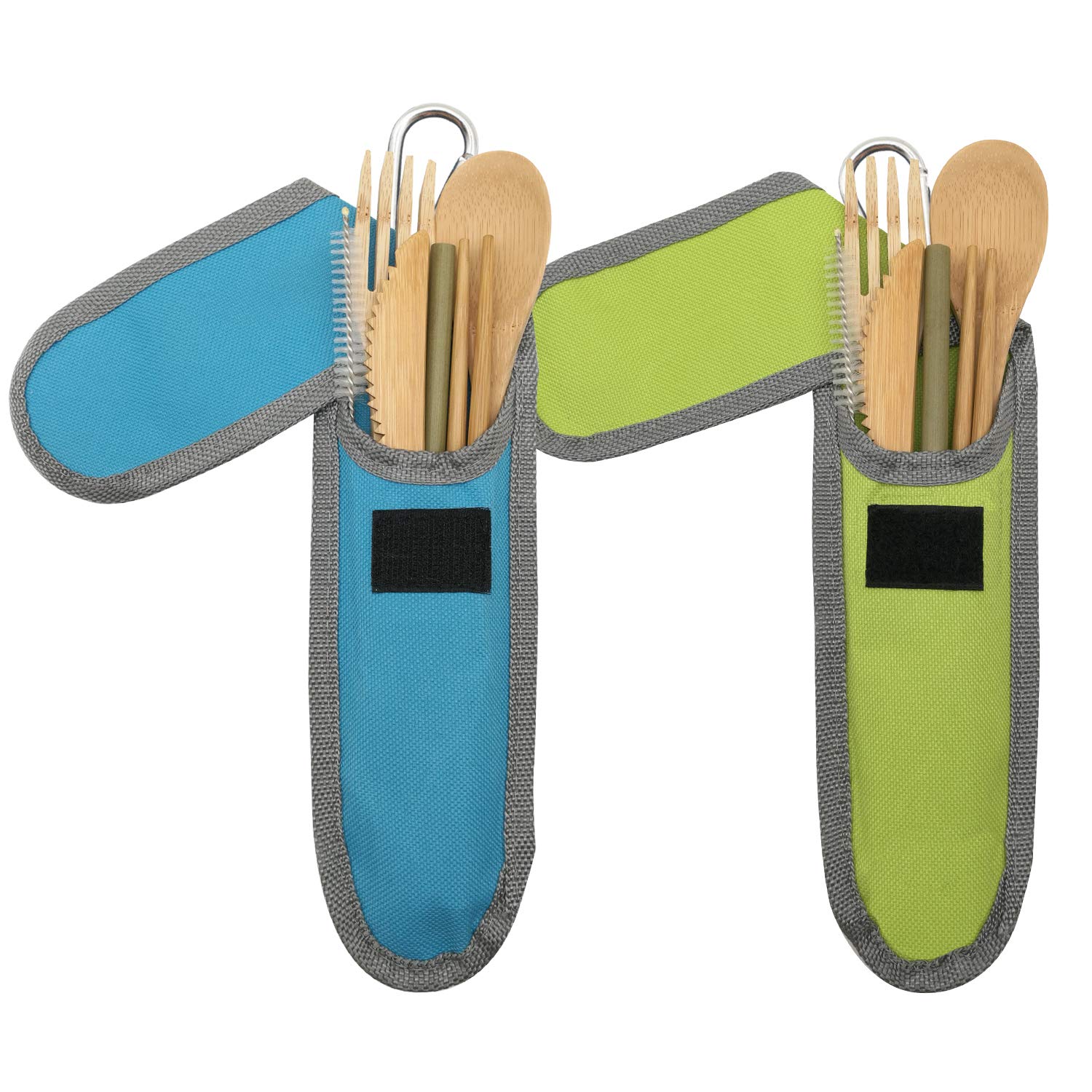 UPTRUST 2 Set Bamboo Cutlery Set Bamboo Travel Utensil Reusable Organic Bamboo Utensil Fork Knife Spoon Chopsticks Straw Cleaning Brush for Travel Picnic School Office(Skyblue& Green)