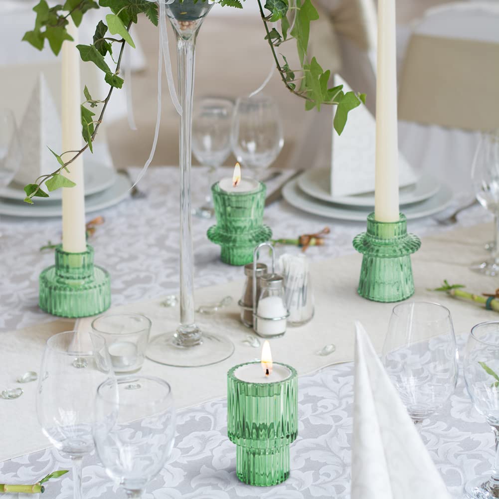 Marycele Glass Candle Holders - Set of 6 Votive and Taper Holders for Wedding Centerpieces and Table Decor, Green