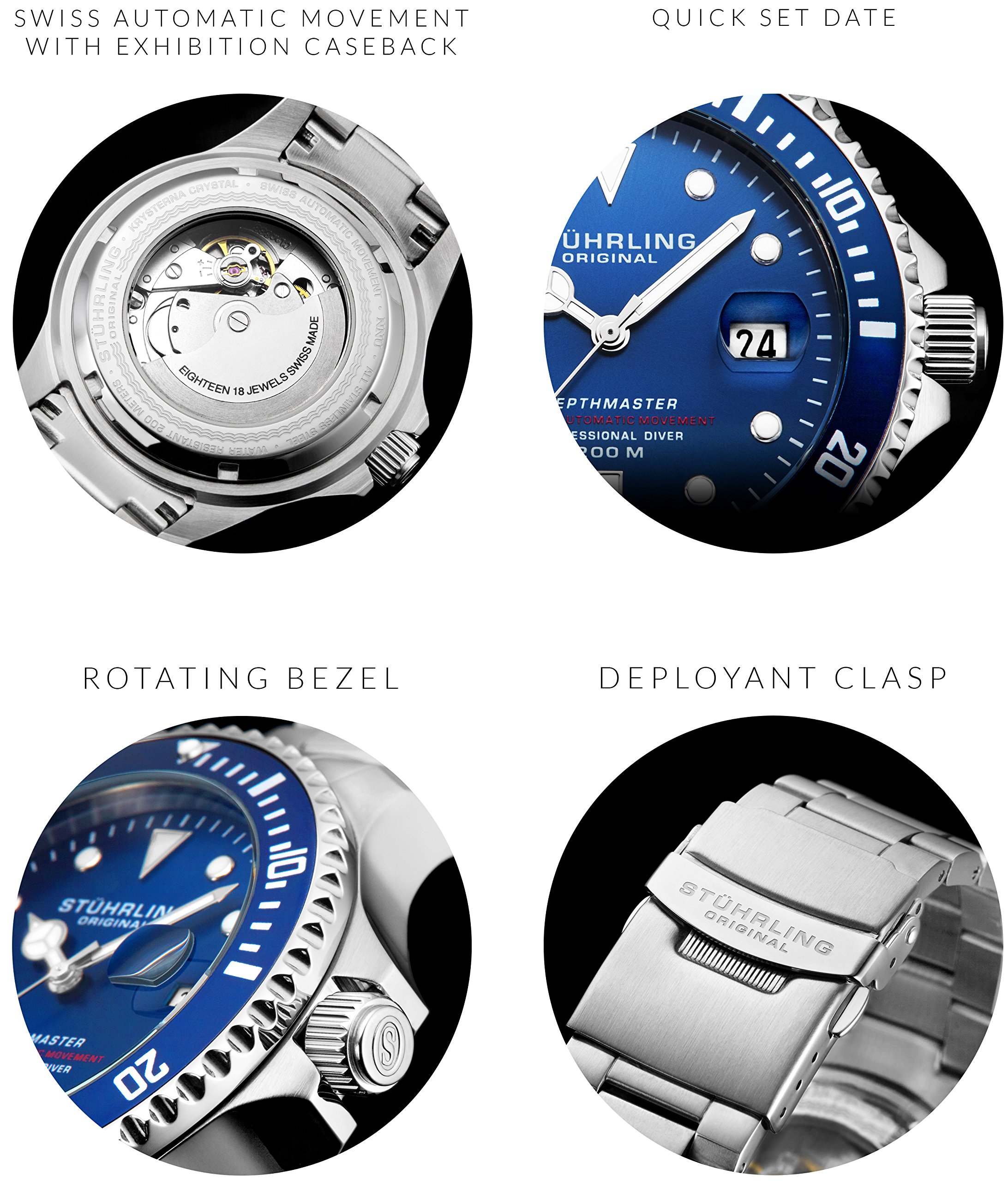 Mens Automatic Stainless Steel Professional DEPTHMASTER Dive Watch, 200 Meters Water Resistant, Brushed and Beveled Bracelet with Divers Safety Clasp and Screw Down Crown (Blue)