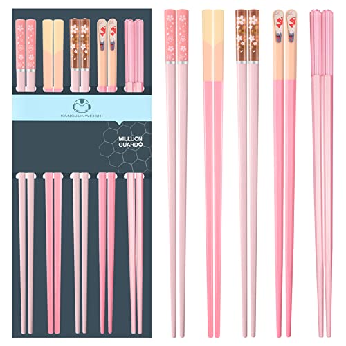 Slivek Chopsticks Reusable Dishwasher Safe, 9.57 inches Premium Non-slip Lightweight Fiberglass Chop Sticks, Japanese Chinese Chopstick Gift Set for Party, Pink- 5 Pairs