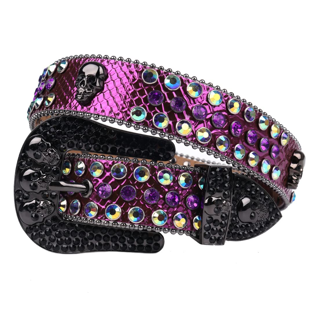 Rhinestone Belt Ladies Men Skull Belt Luxury Designer Diamond Embellished Belt Purple 38 inch