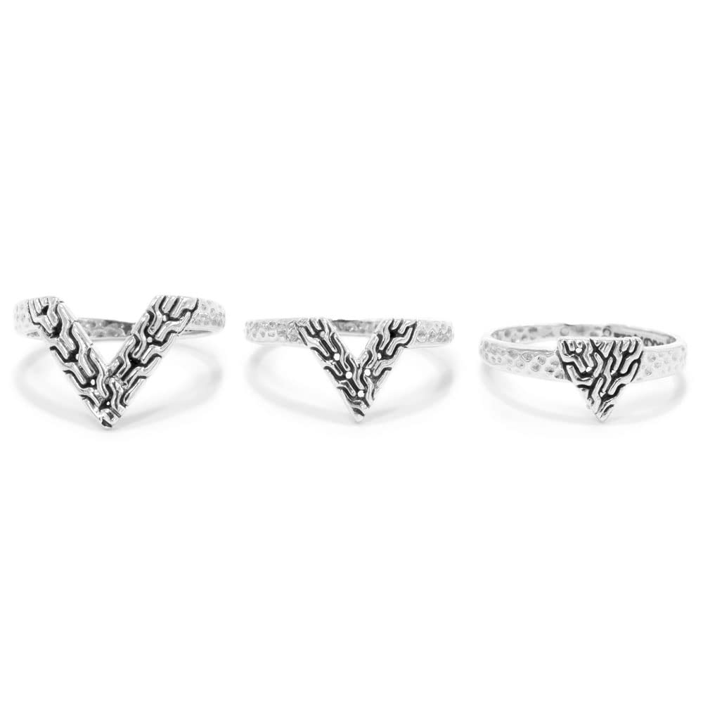 Sarda - .925 Sterling Silver 21mm Chainlink & Hammered Chevron Three Stackable Rings Set - Handmade by Bali Artisans - Size 8