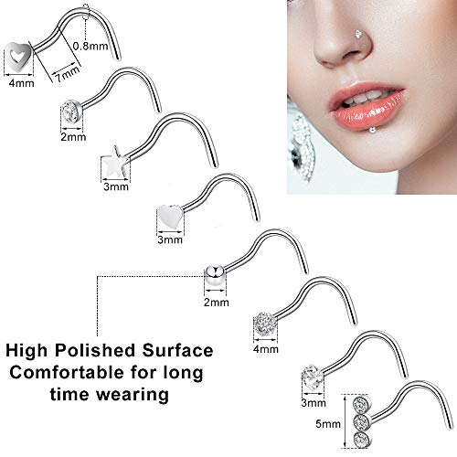 ONESING 40 PCS 20G Nose Piercings Jewelry Nose Rings Hoops Studs Screw 316L L Shaped Stainless Steel for Women Men