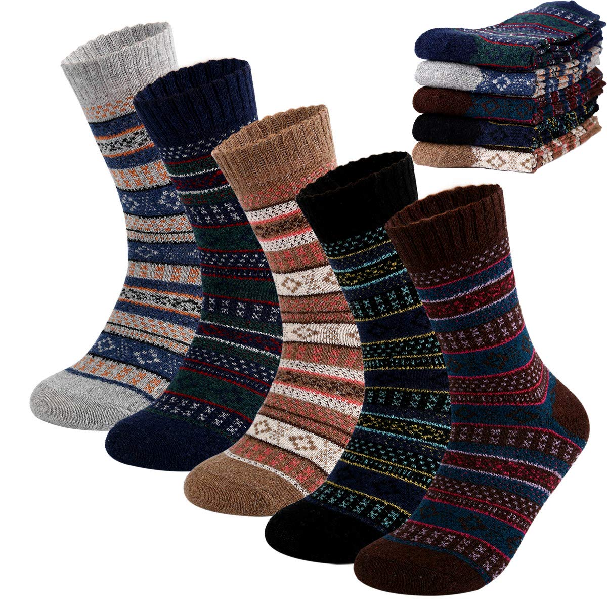 Mens Winter Warm Wool 5 pairs Crew Cute Socks Mixed Color (AJSK37)