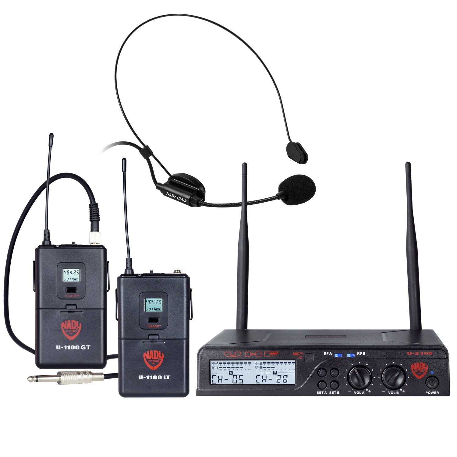 Nady U-2100 Dual Combo HM-GT 200-Channel UHF Wireless Headset Microphone and Instrument/Guitar System