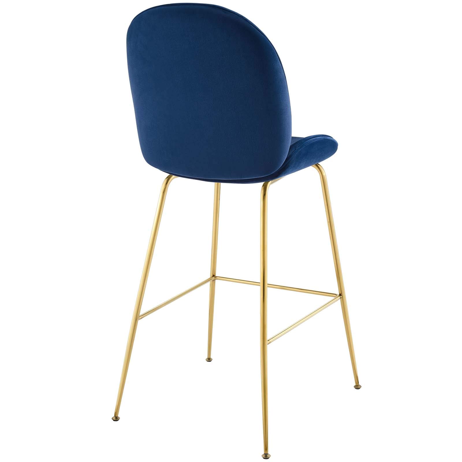 Modway Scoop Performance Velvet Dining Bar Stool with Gold Stainless Steel Metal Base in Navy
