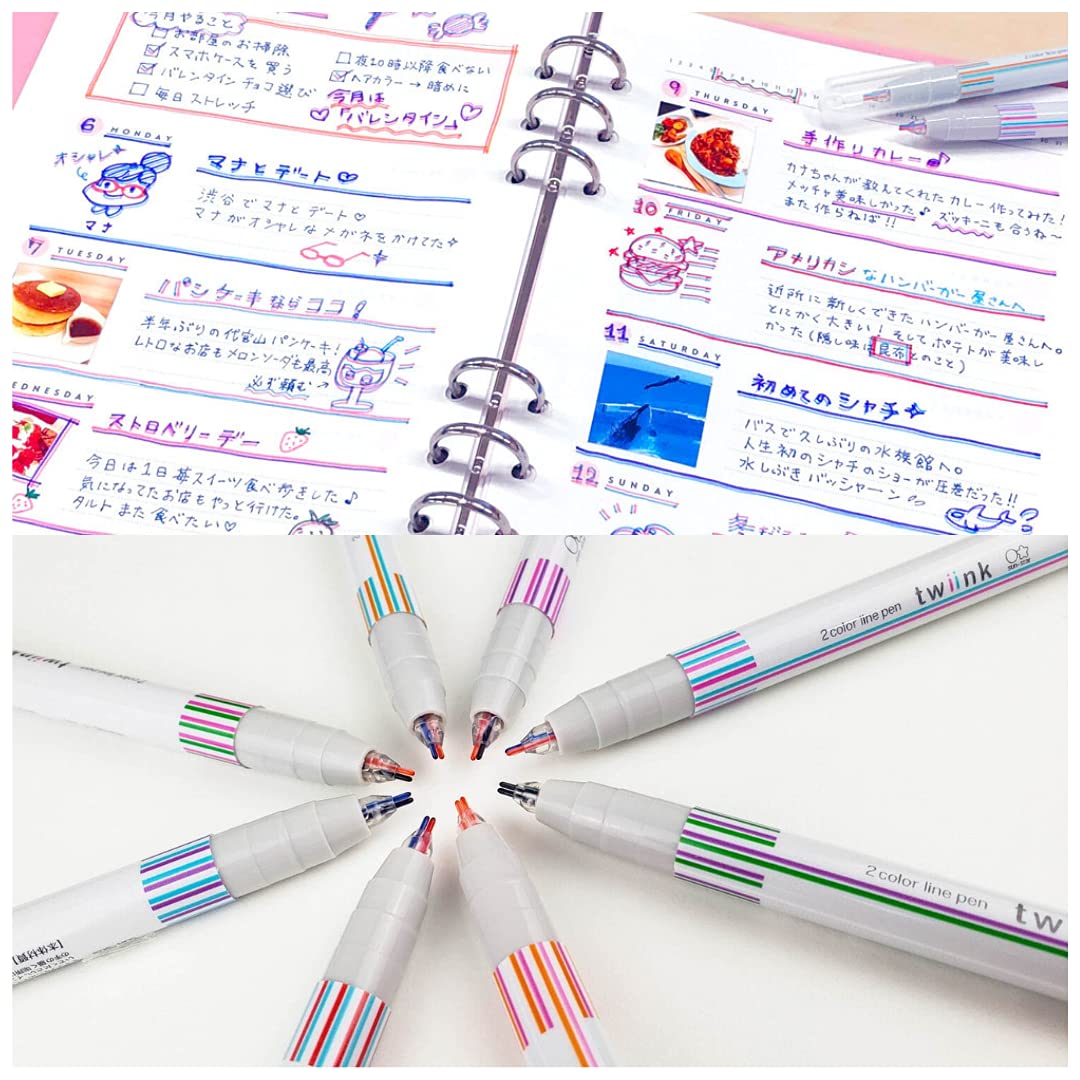 Sun-Star Stationery Two Color Line Pen'' twiink'' Different 4 Colors Pattern Set (Pink x Ligh Blue, Violet x Pink, Light Blue x Orange, Pink x Green)