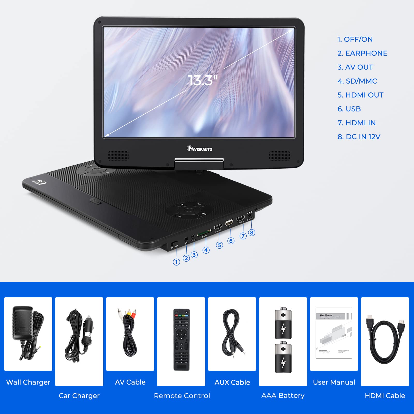 NAVISKAUTO 13.3'' Portable Blu-Ray Player with HDMI Input & HDMI Output, Portable Blu-Ray DVD Player with Rechargeable Battery Support USB/SD Card, 1080P Video, Dolby Audio, AV in & Out, Last Memory