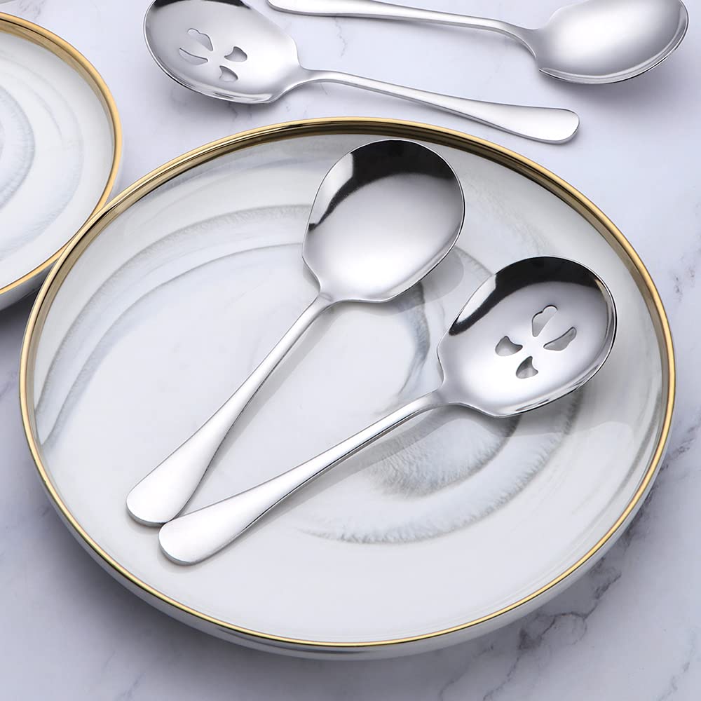 Meiishaaa Meisha Serving Spoons Set, 3 Serving Spoons and 3 Slotted Serving Spoons, Silver Stainless Steel Serving Utensils for Buffet Can Banquet Cooking Kitchen - Mirror Polished