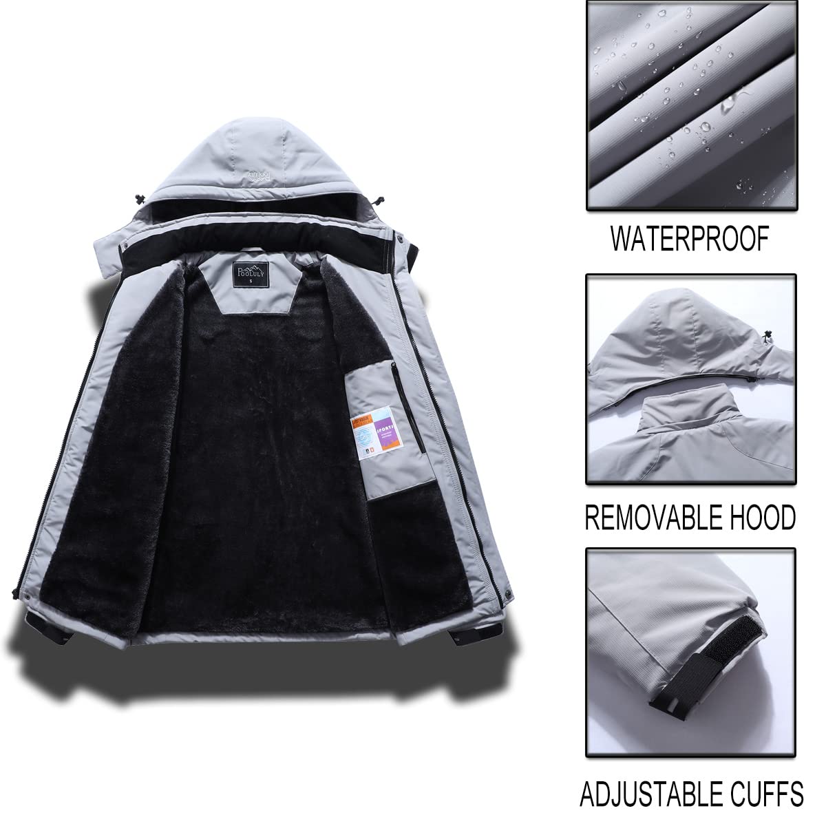 Pooluly Men's Ski Jacket Warm Winter Waterproof Windbreaker Hooded Raincoat Snowboarding Jackets Light Gray-M