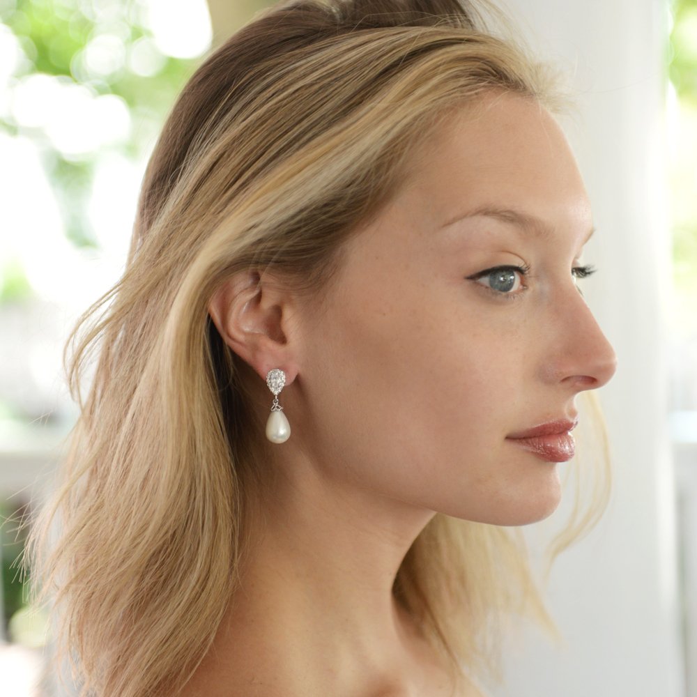 Mariell Pearl Bridal Wedding Drop Earrings with CZ Crystals for Brides, Bridesmaids, Birthday Gift