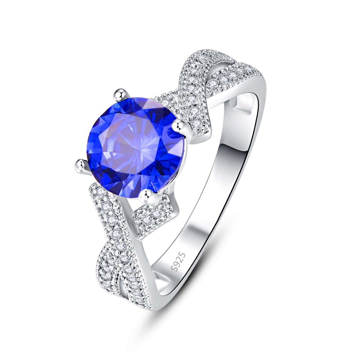 Momius 925 Sterling Silver 4-Prong Created Sapphire Quartz Brilliant Round Cut CZ Split Shank Twist Wedding Band Engagement Ring for Women Size 8