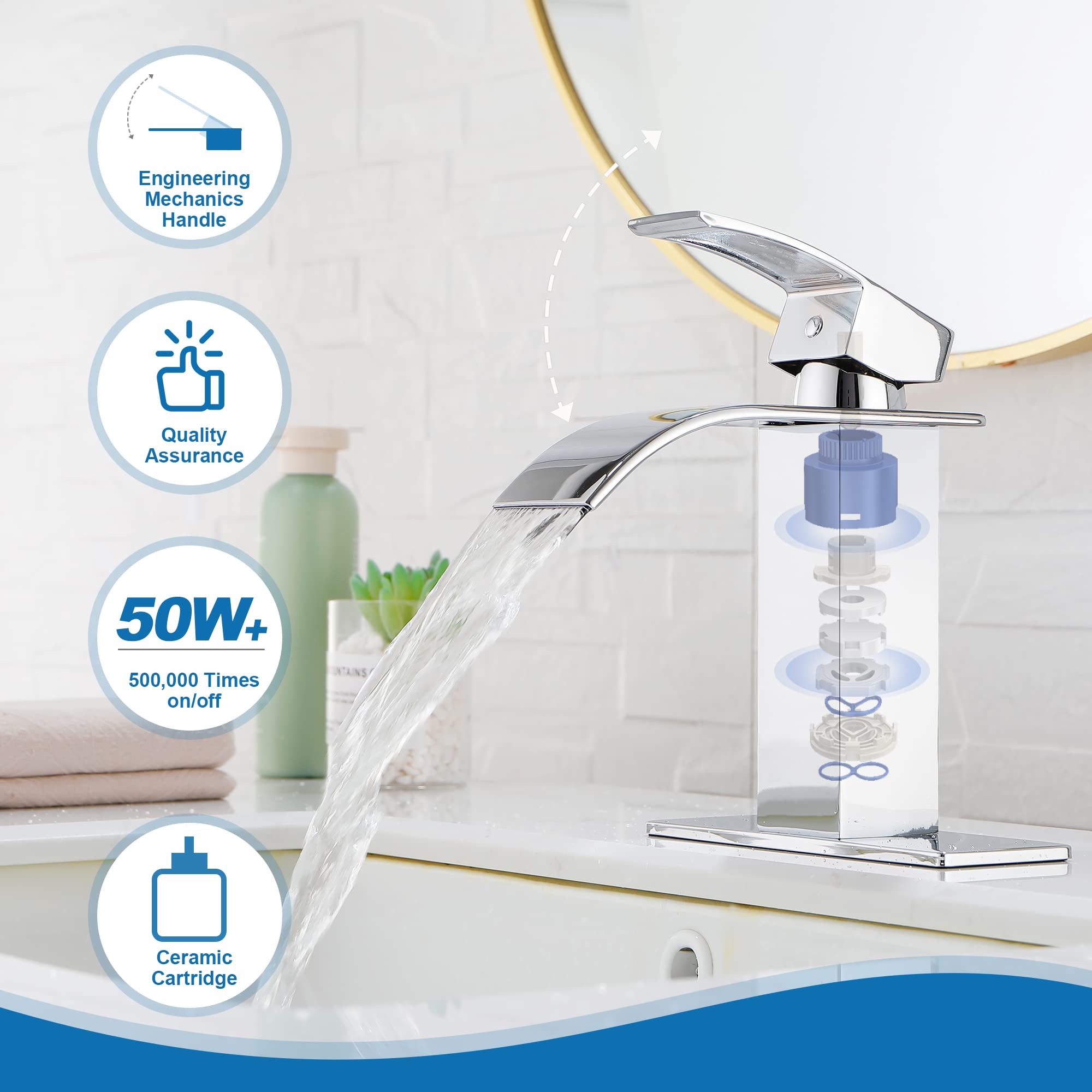 PHICHI Chrome Bathroom Faucet Waterfall Single Handle 1 or 3 Hole Faucet, Commercial Modern Lavatory Tap with Pop-up Drain and Deck Plate