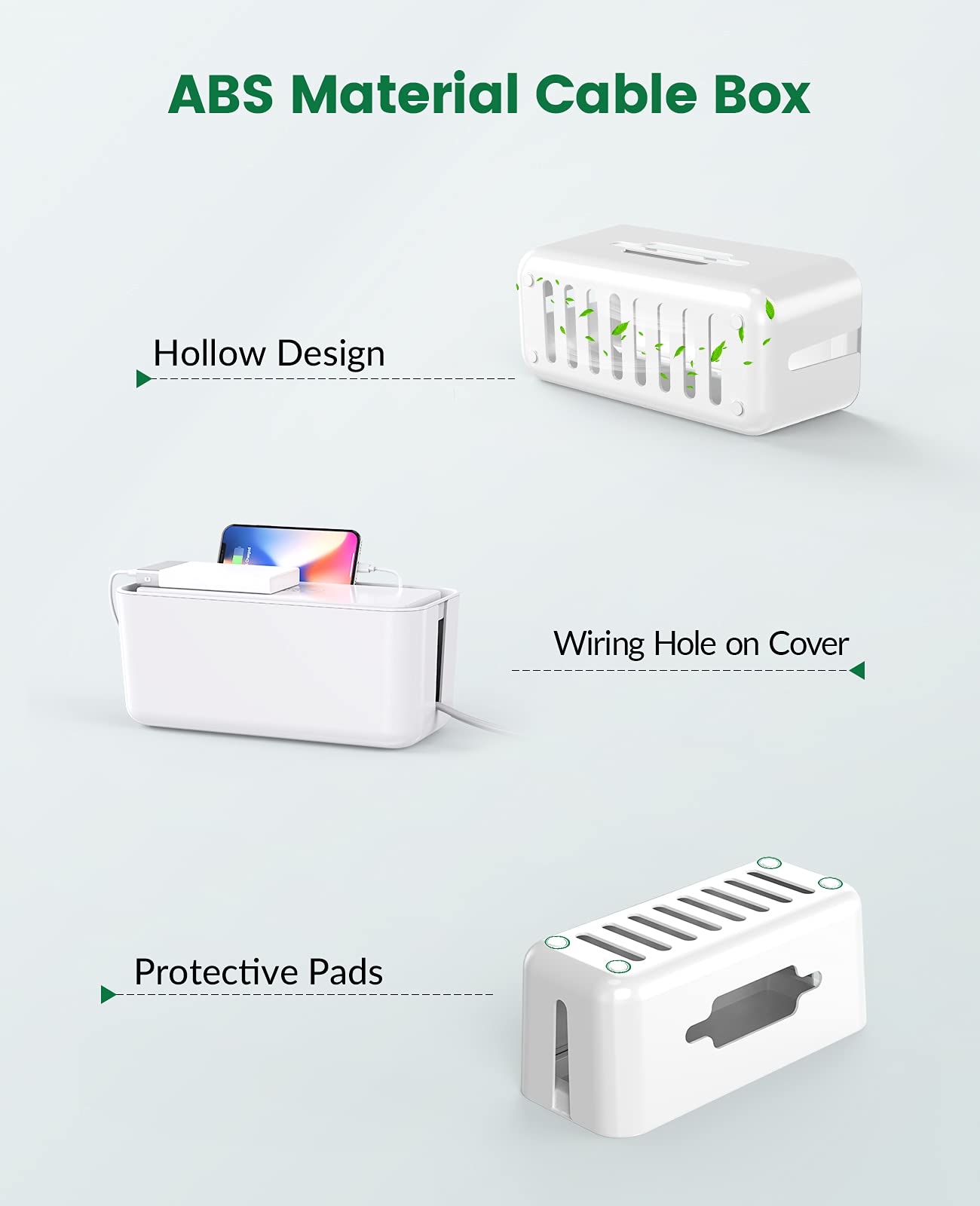 ORICO Power Cable Box Set, 2 Cable Management Box with Phone Stand and A Roll of Hook and Loop Tape, Large and Medium Wire Organizer Box to Hold and Hide Power Strip/Power Cord-Pure White
