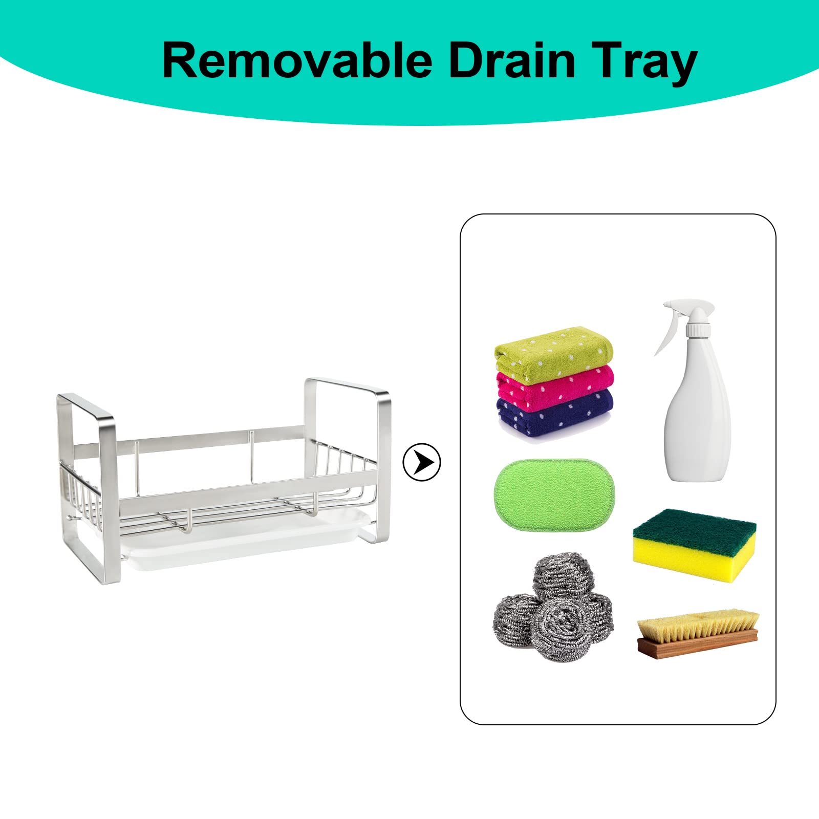 TEZZ Sponge Holder for Kitchen Sink- Stainless Steel Kitchen Storage Sink Caddy for Organizing Sponge, Brush & Dish Soap Dispenser, Kitchen Sink Organizer Rack with Adhesive or Counter top, Silver