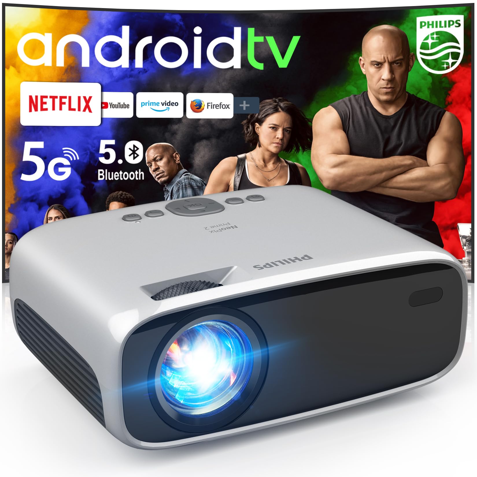 PHILIPS Android TV Projector with Apps and 5G WiFi Bluetooth - Smart Projector Built-in Netflix, YouTube, Outdoor Movie Projector 4D 4P Keystone, Zoom, Compatible w/ iOS/Android/Xbox/PS4/TV Stick/HDMI