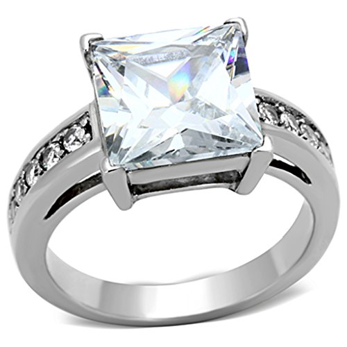 Marimor Jewelry Women's Stainless Steel 5.95 Carat Princess Cut Cubic Zirconia Silver Engagement Ring Size 5