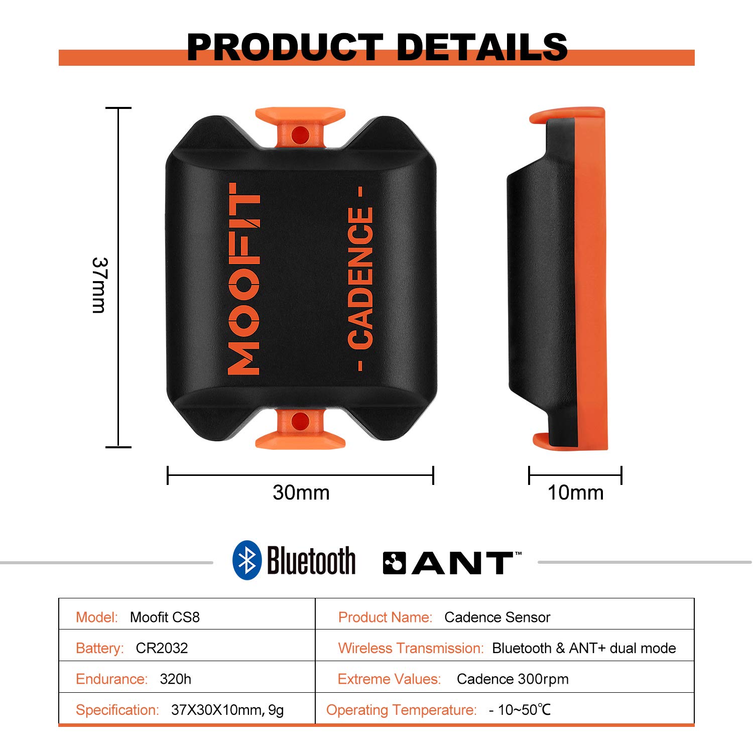 moofit Cadence Sensor Bluetooth/ANT+ IP67 Waterproof Wireless RPM Cycling Spin Bike Cadence Sensor for Wahoo/Zwift/OpenRider/Endomondo/TacX/TrainerRoad (MooFit app Unavailable)