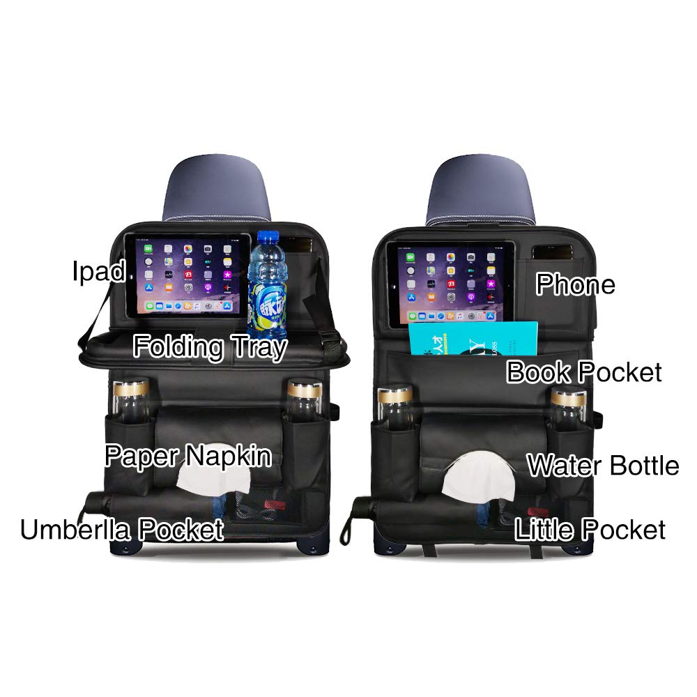 Moikin Car Seat Back Backseat Organizer with Foldable Table Tray, PU Leather Kick Mats Seat Back Protectors with Foldable Dining Table Holder Space Saving Pocket Storage for Baby and Kids (Black)