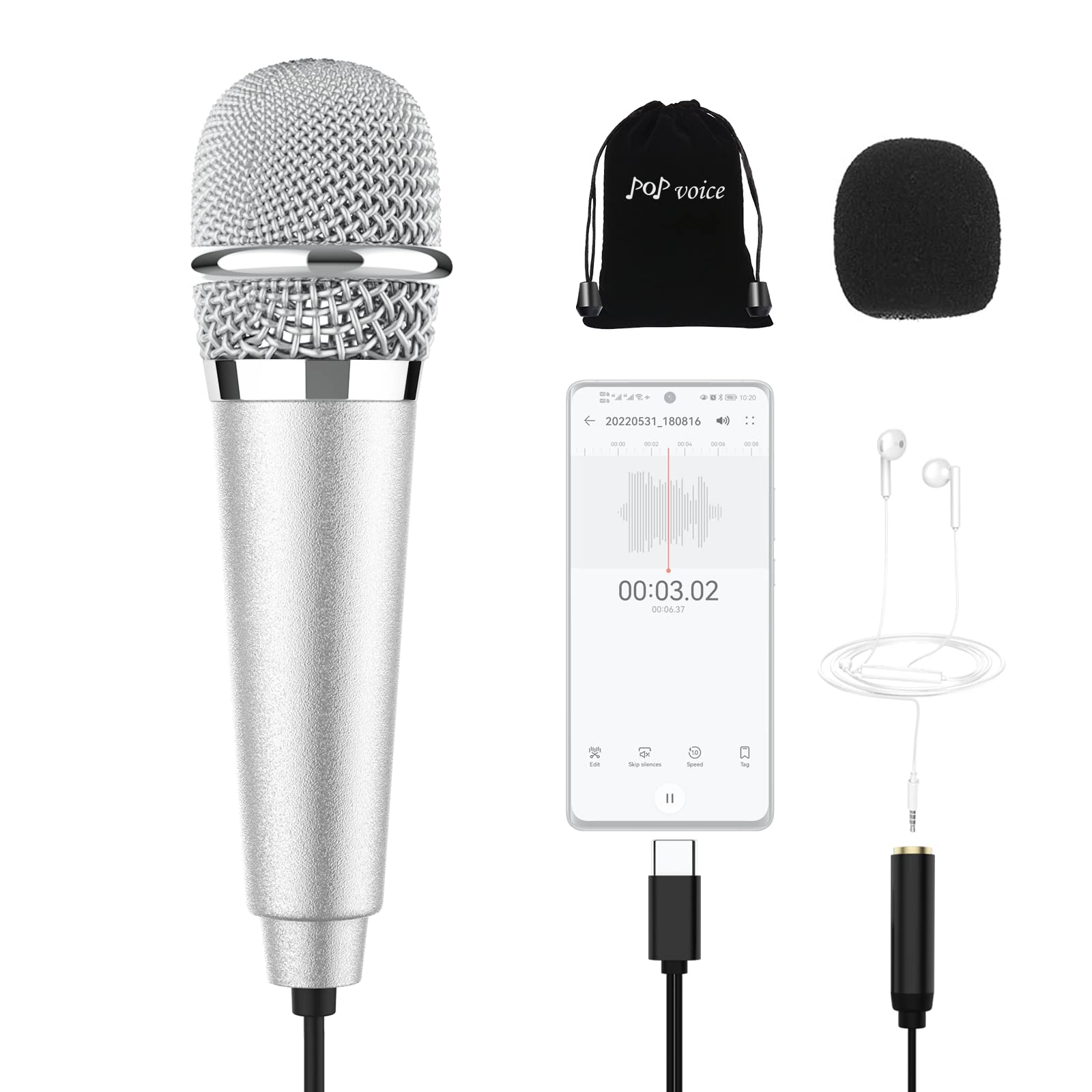 USB C Mini Karaoke Microphone for Android Phone, Laptop Small ASMR Microphone for Voice Video Recording Singing, Vlogging, Podcasting YouTube(Silver*1)