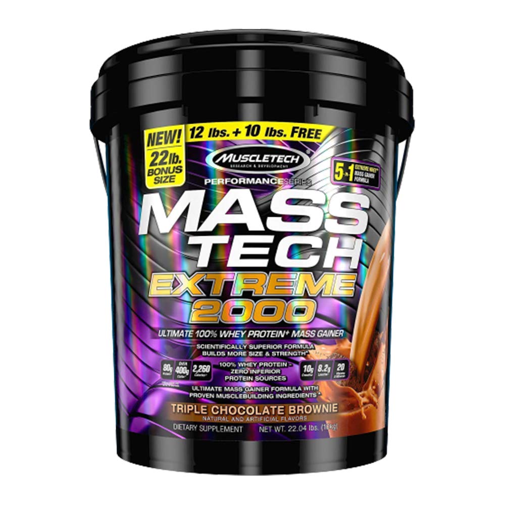 Mass Gainer Protein Powder | MuscleTech Mass-Tech Extreme 2000 | Muscle Builder Whey Protein Powder | Protein + Creatine + Carbs | Max-Protein Weight Gainer for Women & Men | Chocolate, 22 lbs