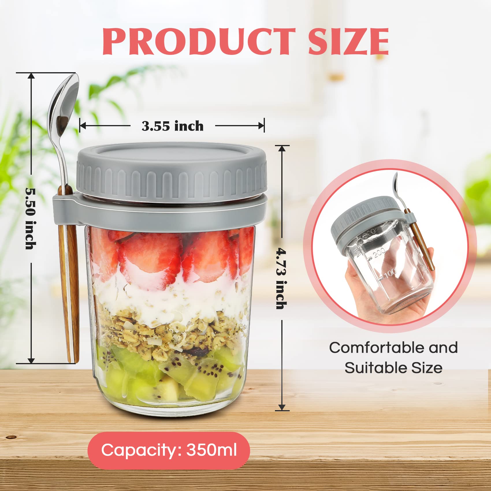 Stoto Overnight Oats Jars,Vegetable and fruit Salad Storage,Overnight Oats Container with Lid and Spoon (Grey)