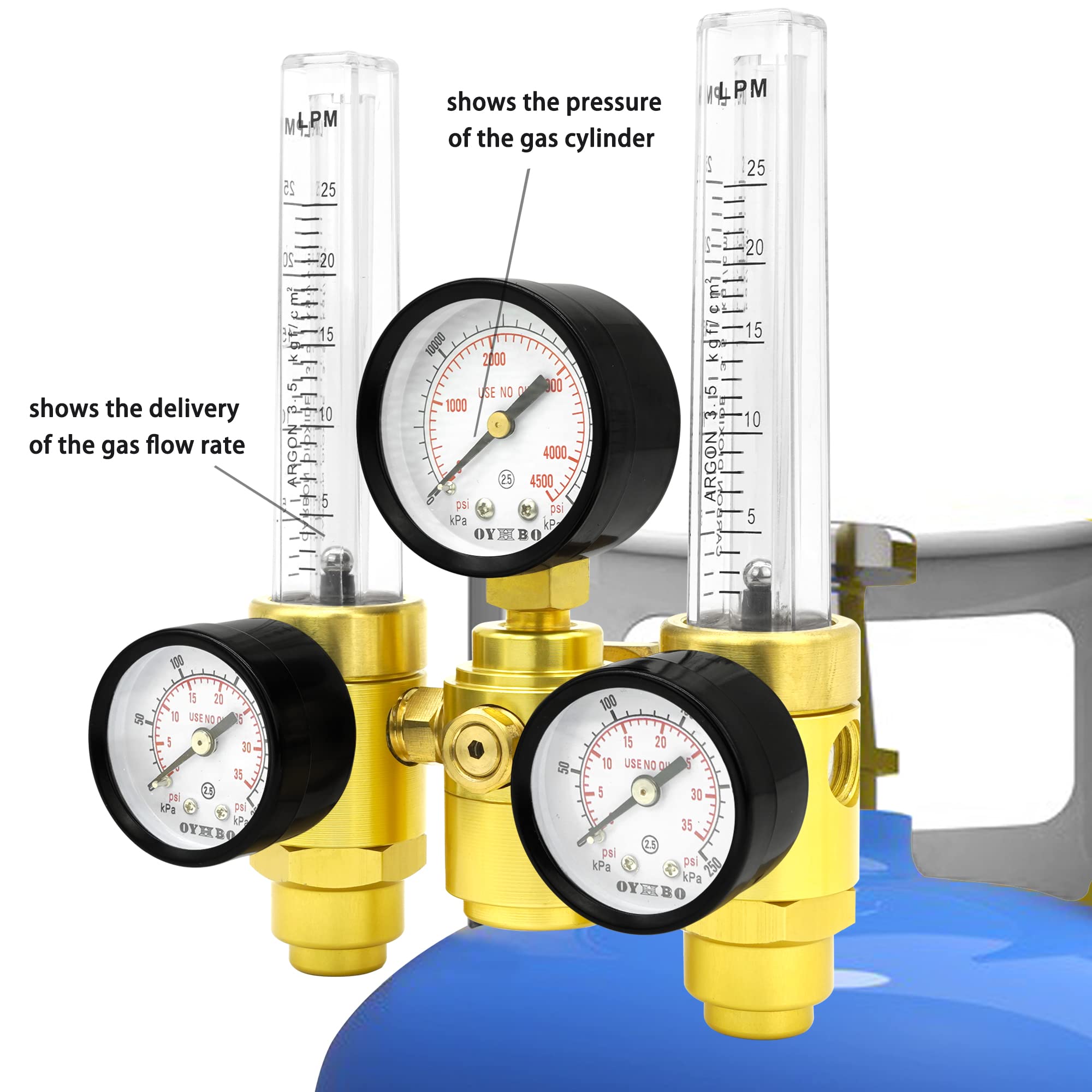 OYHBO Dual Output Argon CO2 Flow Meter MIG TIG Welding Regulator 3 Gauges Gas-saving CGA-580