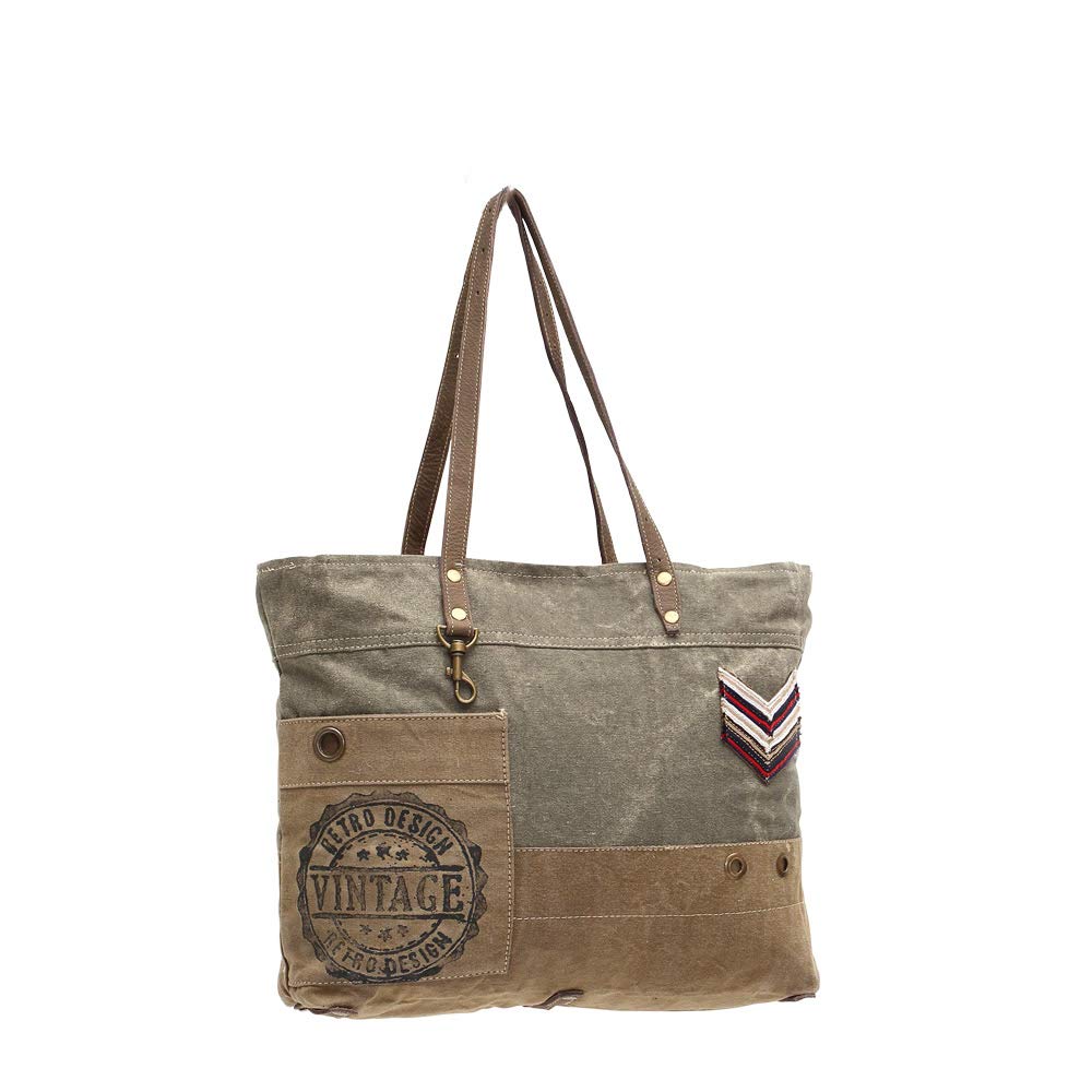 Military Badge Upcycled Canvas and Genuine Leather Trim Tote Bag