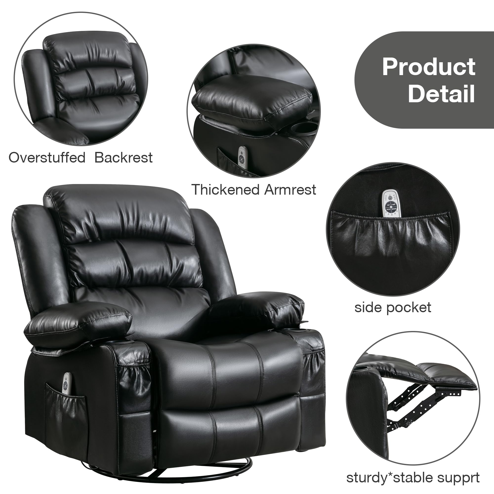 Massage Swivel Rocker Recliner Chair with Vibration Massage and Heat Ergonomic Lounge Chair for Living Room with Rocking Function and Side Pocket 2 Cup Holders USB Charge Port (Black)