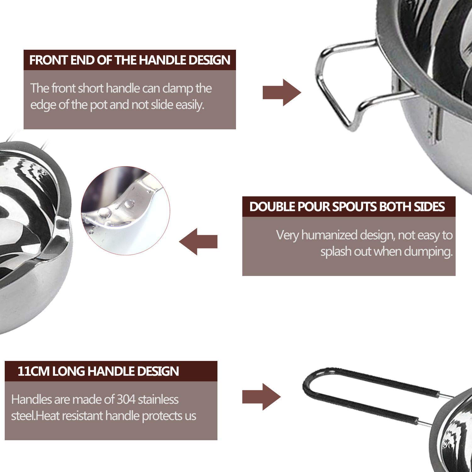 Smala 2-Pack Stainless Steel Double Boiler, Heat-Resistant Handle for, Cheese, Caramel and - Steel Melting Pot, 2 Cup Capacity, Universal Pad