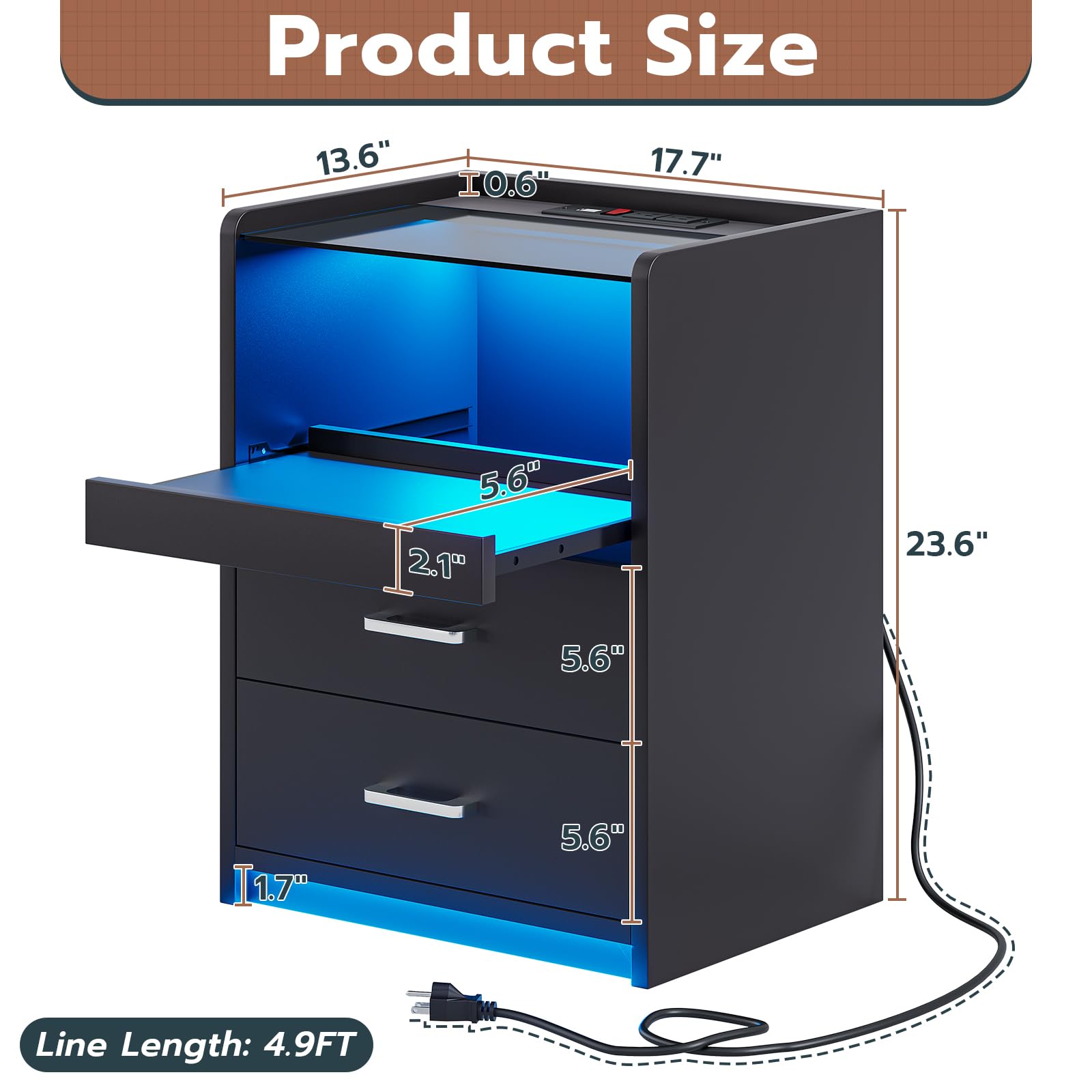 MSmask Black Nightstand with Charging Station and LED Lights, Glass Top Night Stand with Pull-Out Shelf, LED Nightstand with Sliding Drawers, Modern Bedside Tables with Open Storage for Bedroom, Dorm