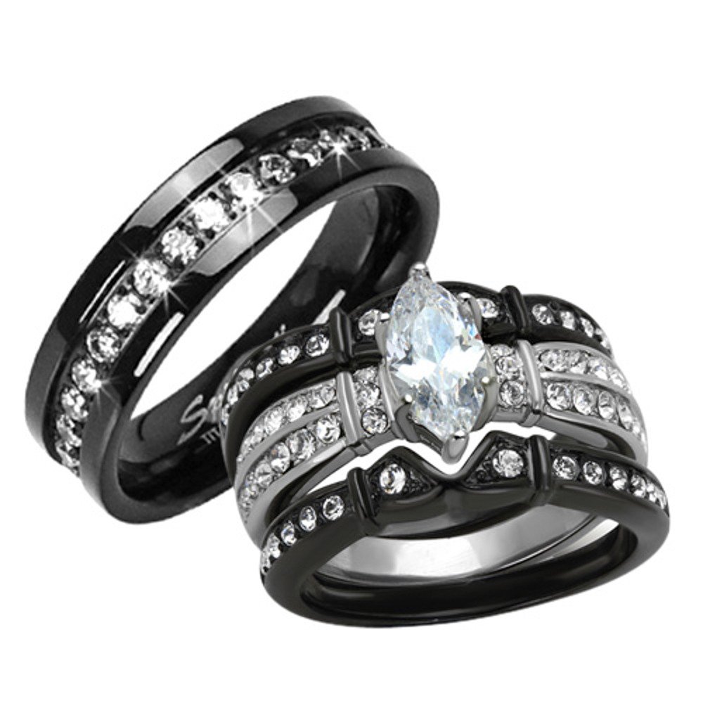 Marimor Jewelry His Hers 4 Piece Black Stainless Steel and Titanium Wedding Engagement Ring Band Set Size Women's 08 Men's 11