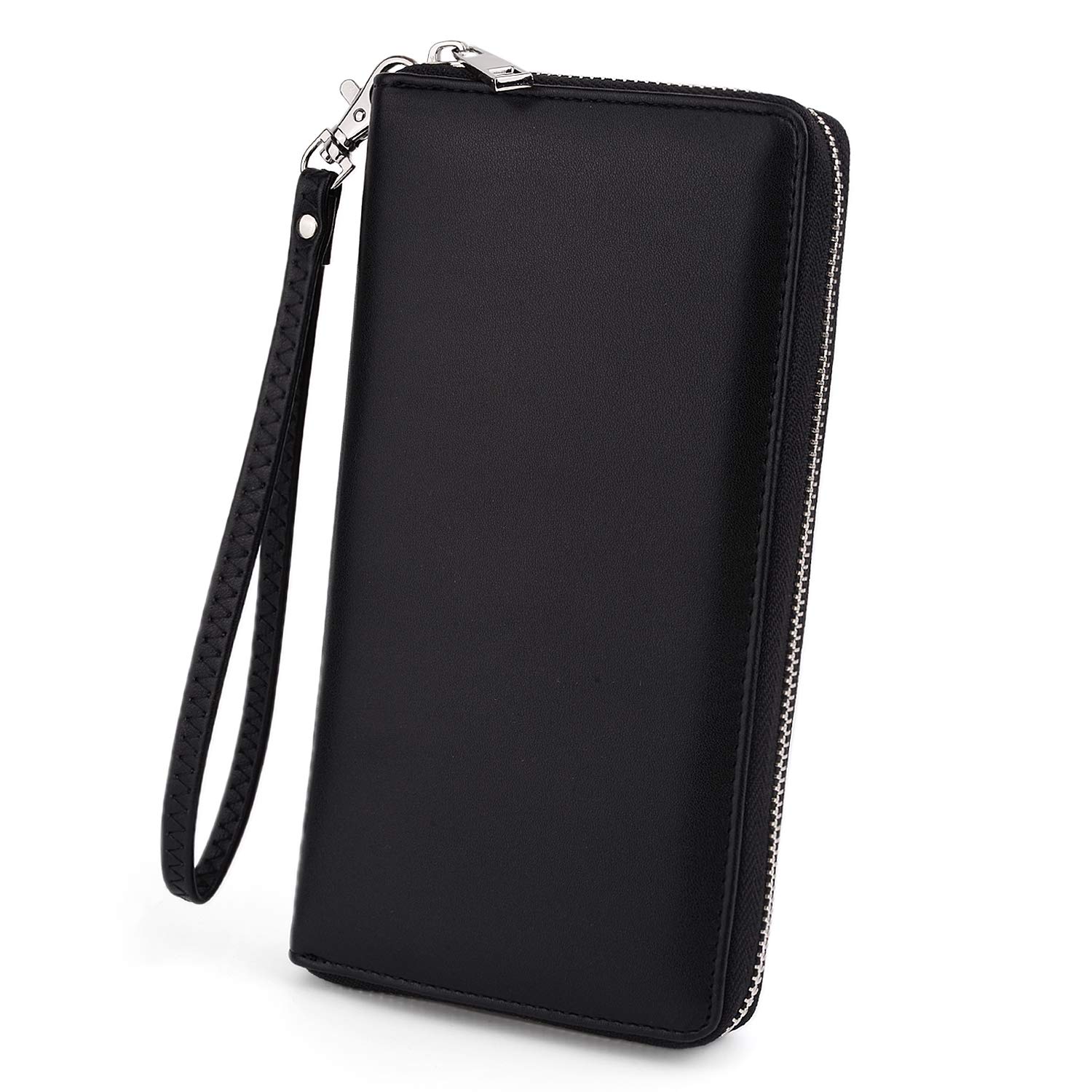 UTO Women Wallet Large Leather 2 Pcs Zip Pouch Card Holder Checkbook Passport Organizer Ladies Travel Clutch with Wristlet Black