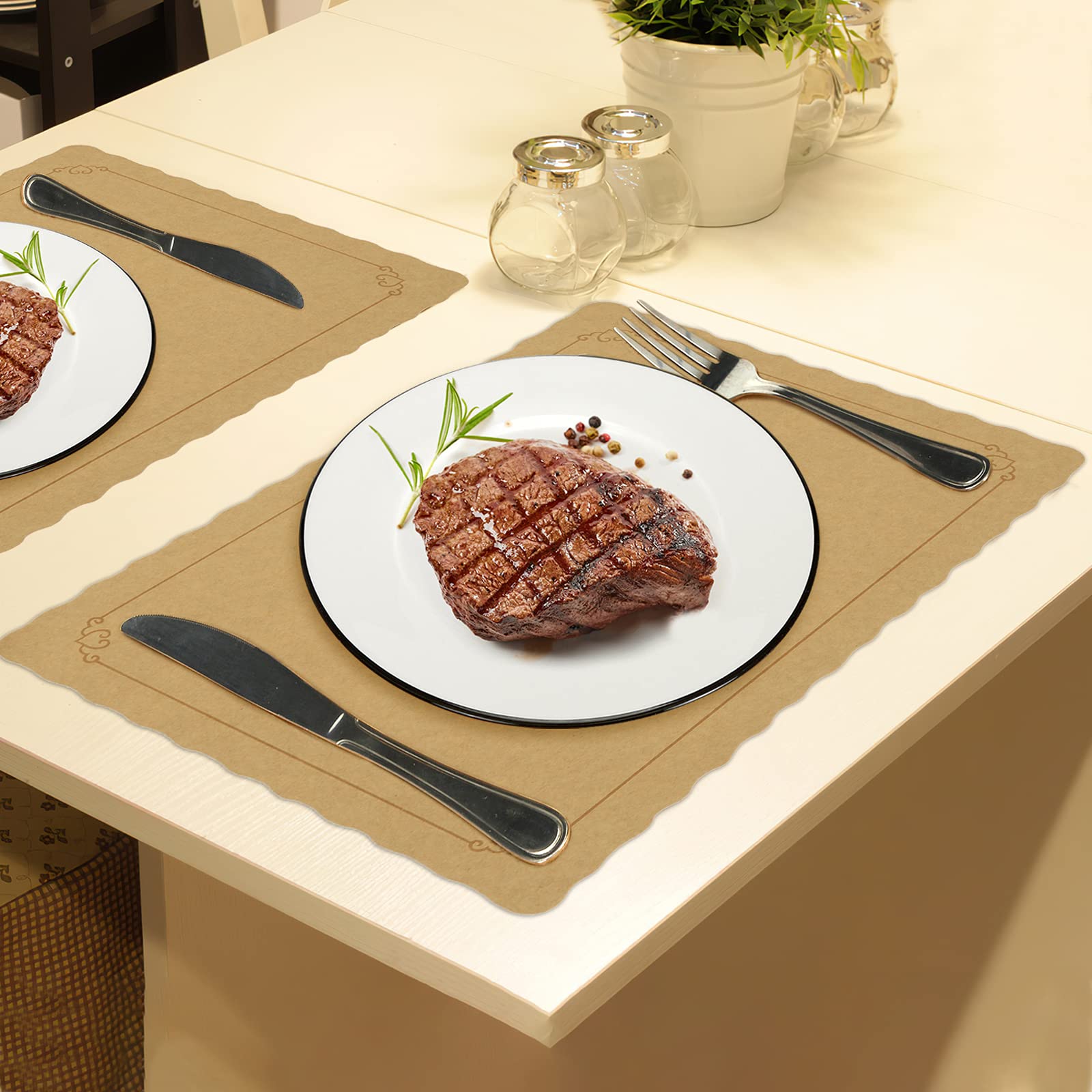 Peohud 200 Pack Disposable Paper Placemats, 10 x 14 Inches Kraft Paper Table Mats, Placemat with Decorative Wavy Edge for Cakes, Desserts, Baked Treat Display