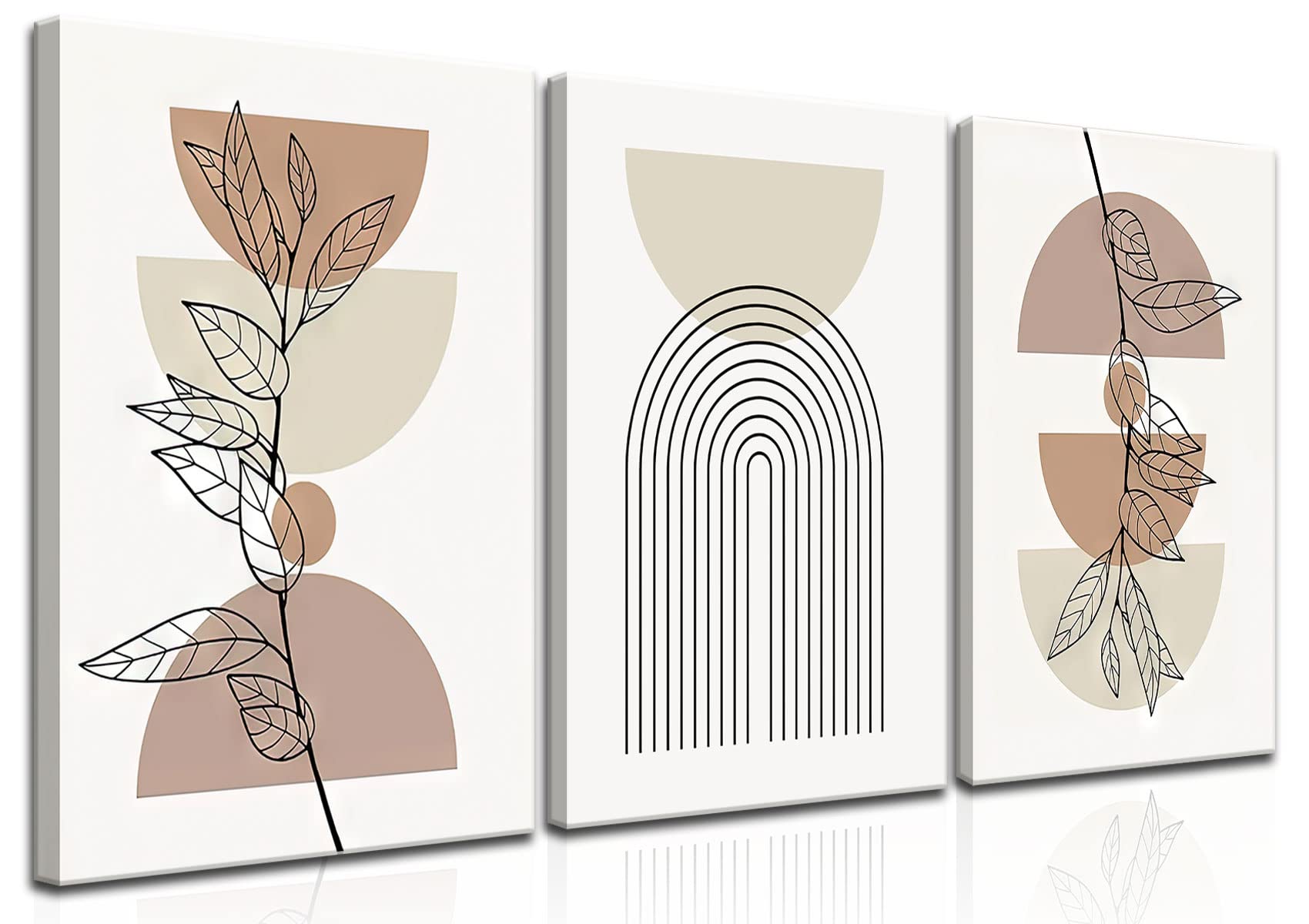 Modern Boho Wall Art Set of 3 - Abstract Geometric Line Leaf Beige Botanical Canvas Paintings Prints Wall Decor, Minimalist Wall Art for Living Room, Bedroom, Office - Framed 12x16 in