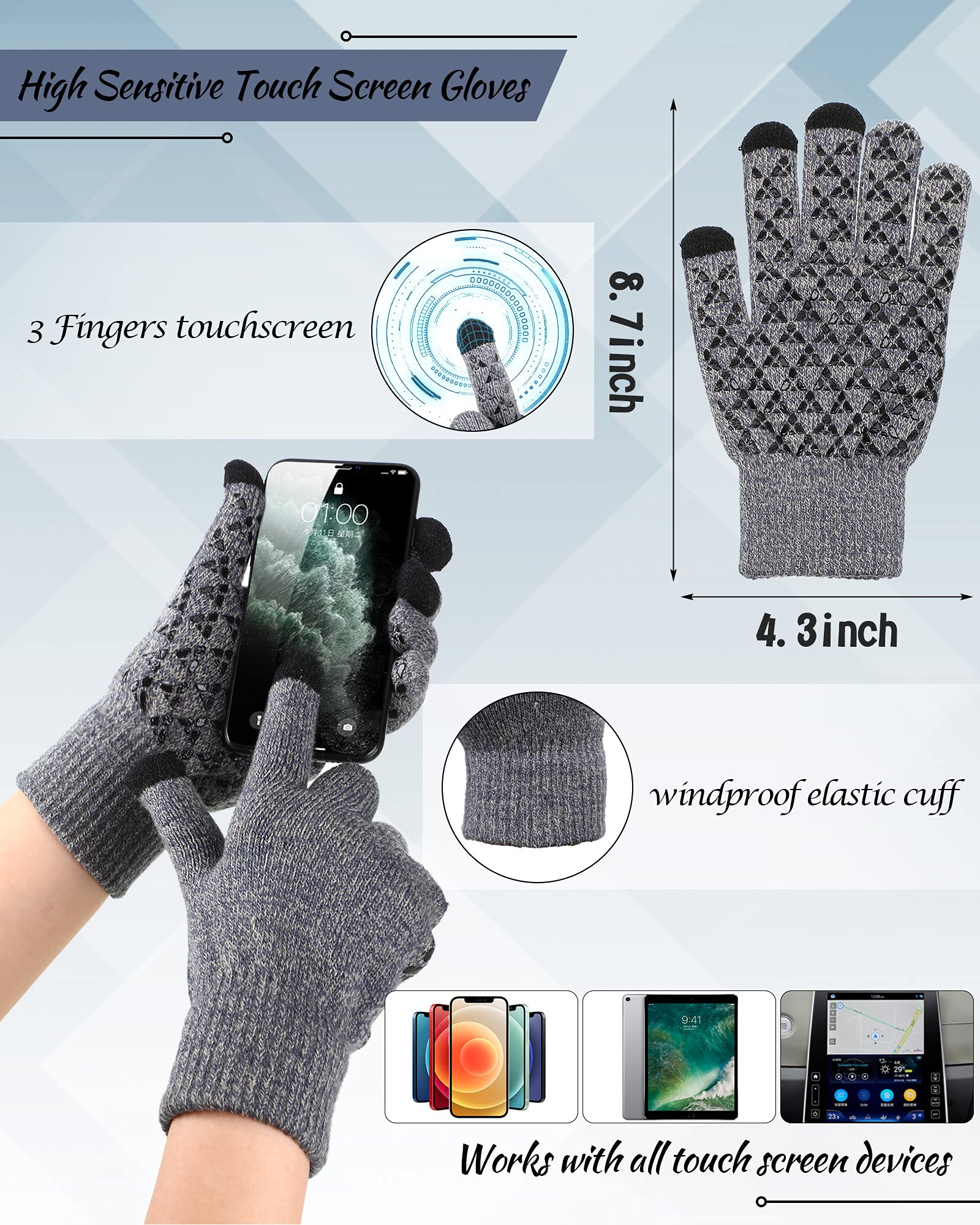 SATINIOR 6 Pieces Winter Warm Knit Beanie Hat Touchscreen Gloves Scarf Set Fleece Lining Skull Caps Neck Scarves, Black, Gray, One Size
