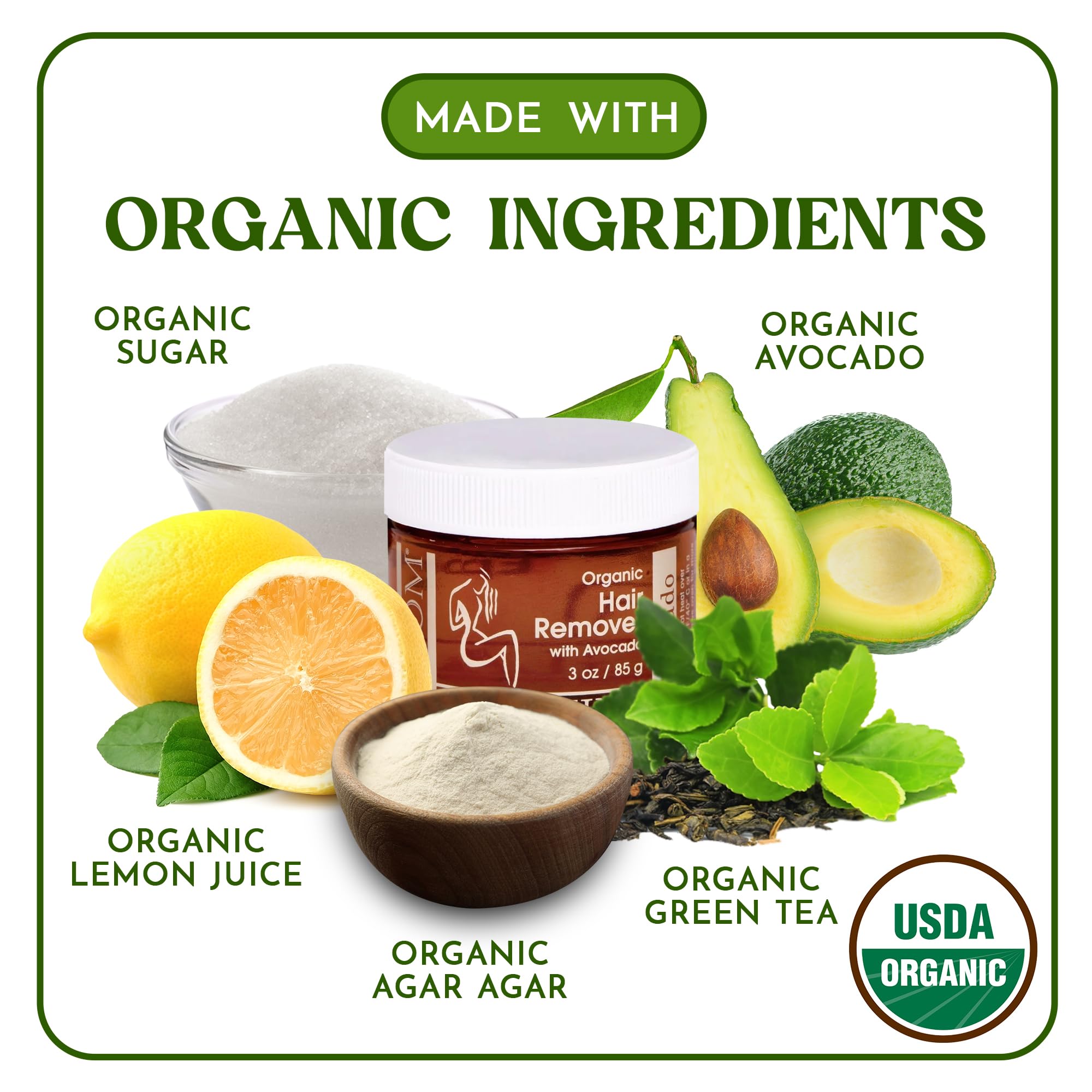 MOOM Organic Lip, Face & Eyebrow Wax Kit - Hair Removal Glaze with Avocado Oil, Agar Agar & Green Tea - Includes 18 Reusable Waxing Strips & 6 Waxing Application Sticks - 3 oz. Wax Jar, 1 Pack