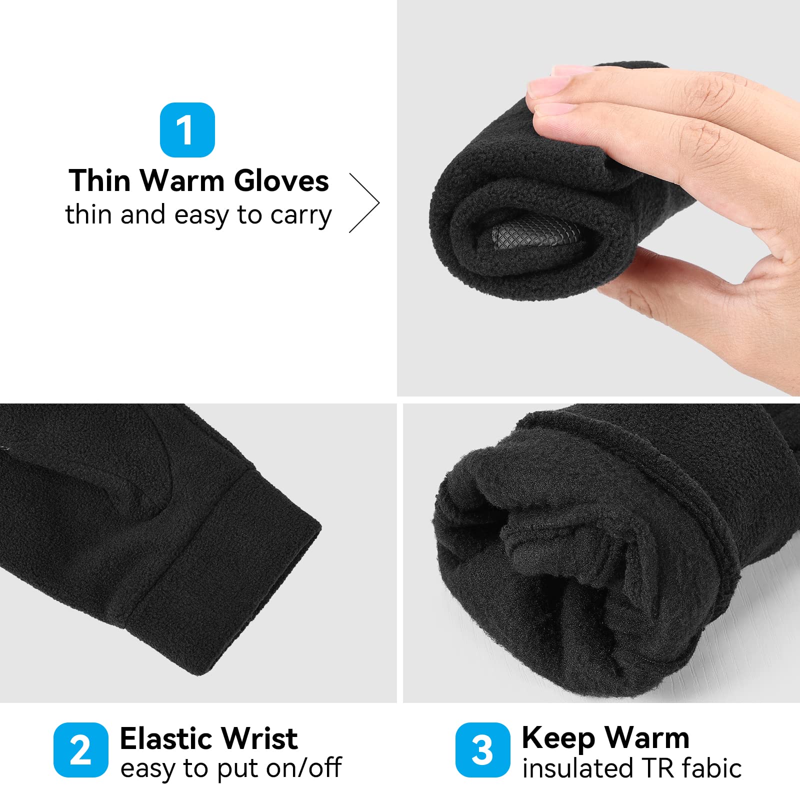 OZERO Warm Gloves Touch Screen Winter Thermal Glove Liners Elastic Cuff Soft Polar Fleece in Cold Weather for Men and Women (Black,Large)