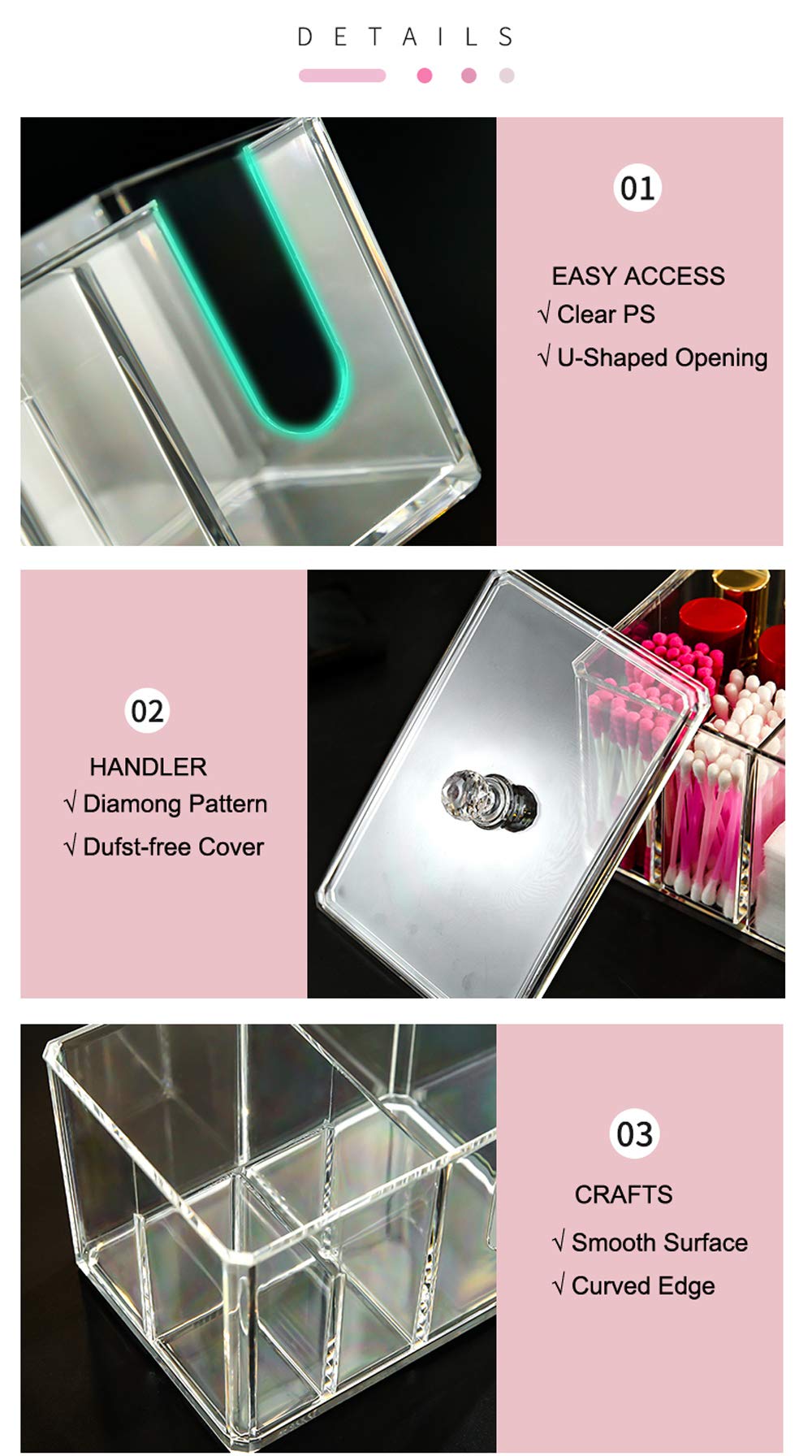MOOCHI Q-Tips Cotton Swab Holder Makeup Pads Sponge Lipstick Container with Lid Acrylic 2 Trays Bathroom Bedroom Organizer