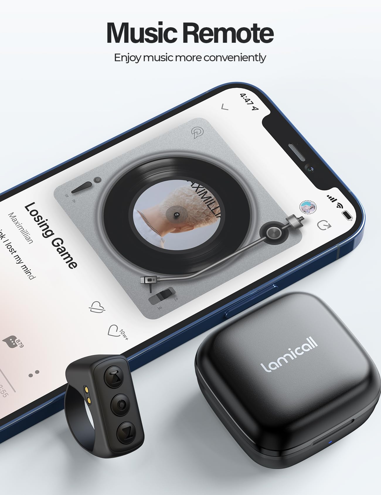 Phone Remote Control for TikTok - Lamicall Cell Phone Camera Bluetooth Controller for Video Recording, Kindle App Page Turner, TIK Tok Scrolling Ring Remote, for iPhone, iPad, iOS, Android, Black