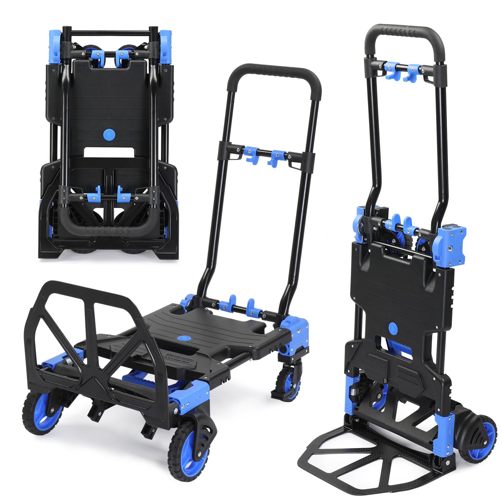 Winado 2-in-1 Folding Hand Truck, 330lbs Foldable Hand Truck Dolly, Height Adjustable Portable Dolly Cart with Wheels & Retractable Handle for Transportation, Shopping, Office, Home use - Blue
