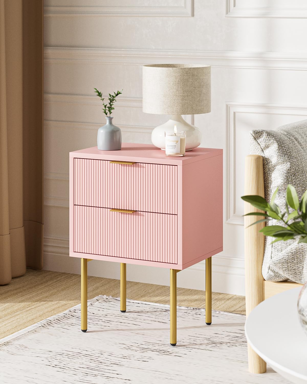 Masupu Night Stand,Mid-Century Modern Bedside Table with Storage Drawer and Open Wood Shelf,Small Gold Frame Side Table for Bedroom,Living Room, Pink