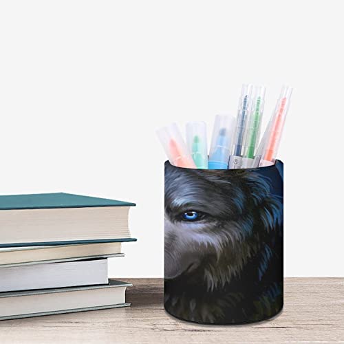 Moon Wolf Pen Holder PU Leather Pencil Cup Cute Desk Organizer Makeup Brush Box for Home Office